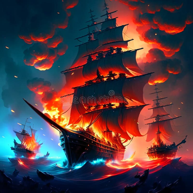 Illustration of a Pirate Ship with Fire and Smoke on the Background ...
