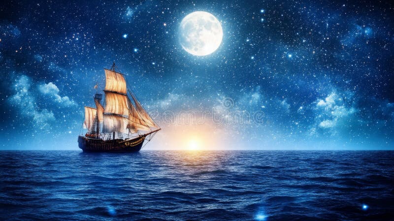 An Illustration of a Pirate Ship Sailing Under the Moonlight at Dusk ...