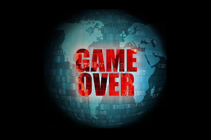 Illustration of Pixel Red Game Over Screen on Green Digital World Map ...