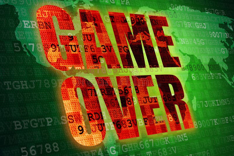 Illustration of Pixel Red Game Over Screen on Green Digital World Map ...