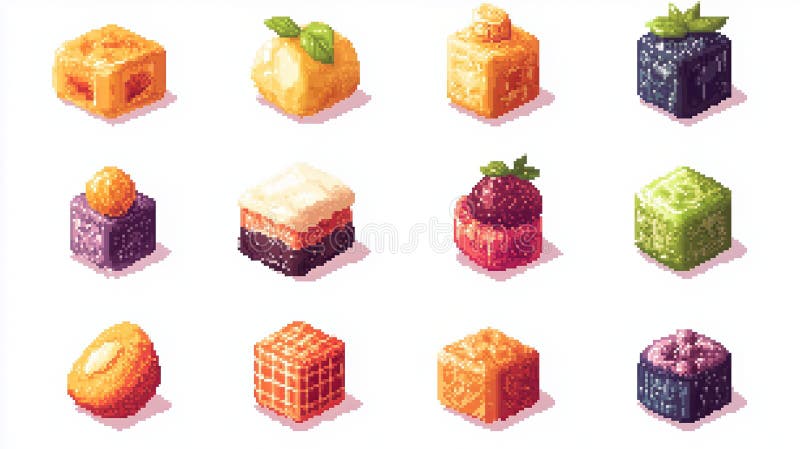 Illustration, Pixelated Pixel Drawing of Sweets, Collage on White ...