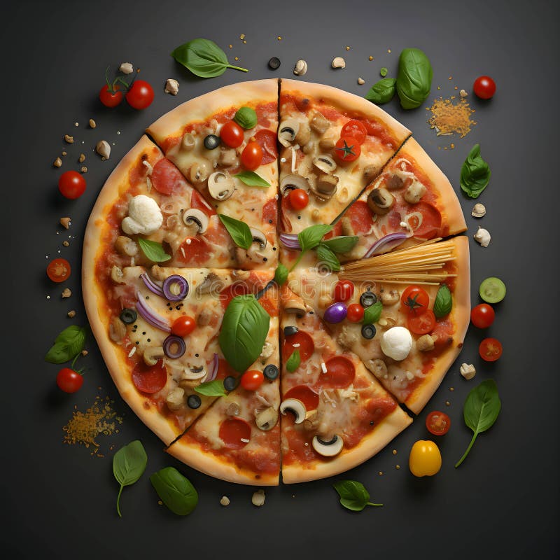 Illustration of a Pizza with Ingredients on a Gray Background Stock ...
