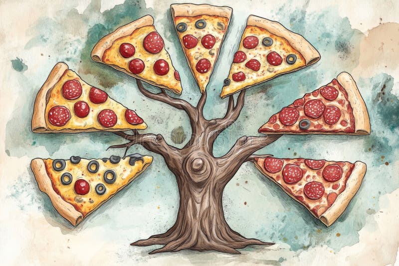 Illustration of a Pizza Tree Growing Different Pizza Slices with ...