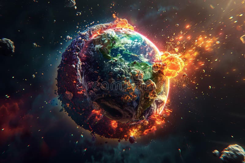 A Planet is Being Destroyed by an Asteroid, Illustration Style, Dark ...