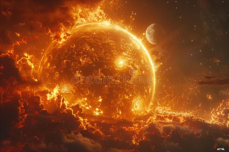 A Planet Engulfed in Flames, with the Sun and Moon Visible in Space ...