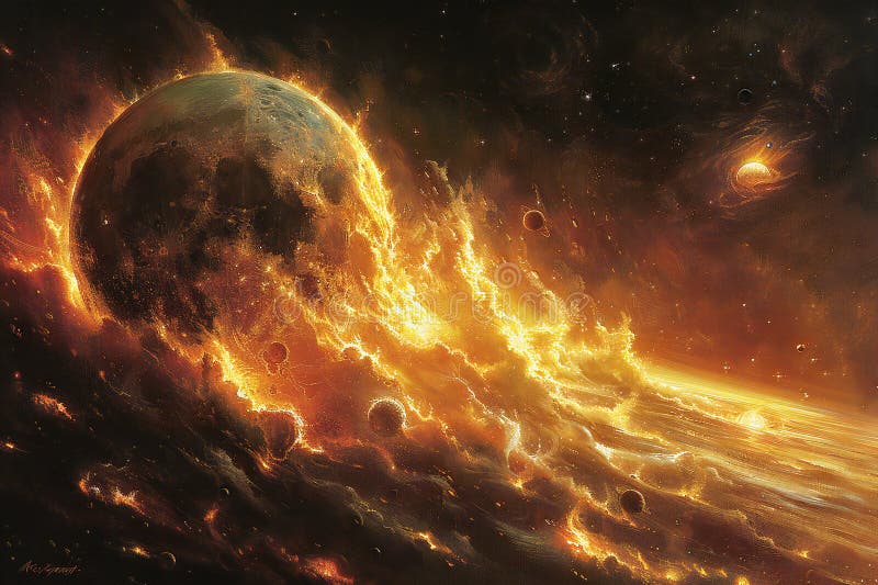 A Planet Engulfed in Flames, with the Sun and Moon Visible in Space ...