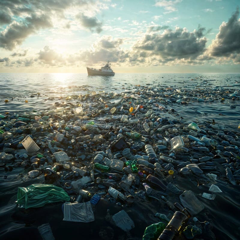 Illustration of Plastic Pollution in Seas and Oceans. Open Ocean with ...