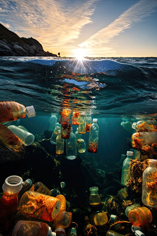 Illustration of Plastic Waste in the Ocean Drifting in the Sea, Sun ...