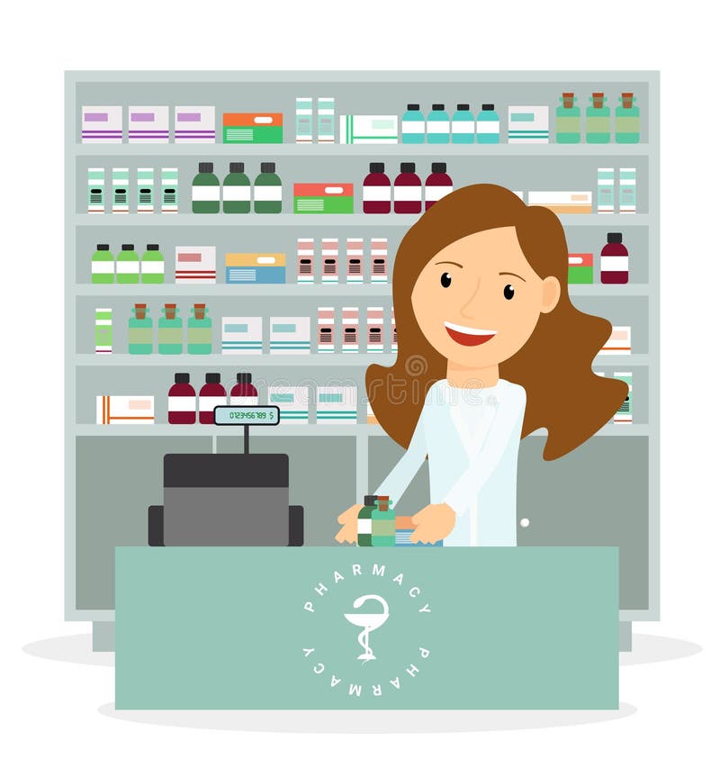 Illustration Plate Moderne De Vecteur D'un Pharmacien Féminin Montrant ... Illustration Plate Moderne De Vecteur D'un Pharmacien Féminin Montrant ...