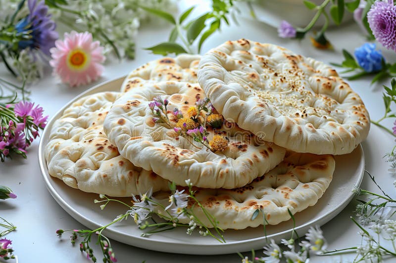 Illustration of Plate of Pita and Flowers on a White Table, High ...