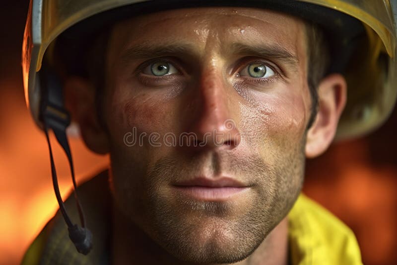 Portrait of a Fireman in the Fire, Close-up Stock Illustration ...