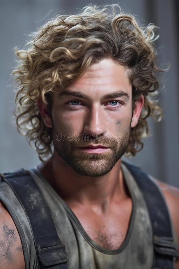 Portrait Of A Handsome Muscular Man With Curly Hair And Blue Eyes Stock