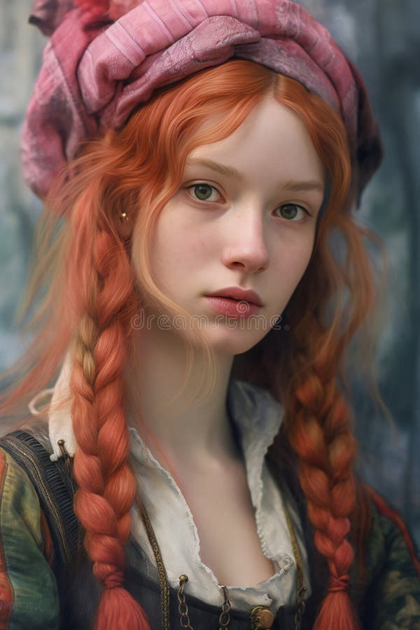 Portrait Of A Red Haired Girl With Long Braids Stock Illustration