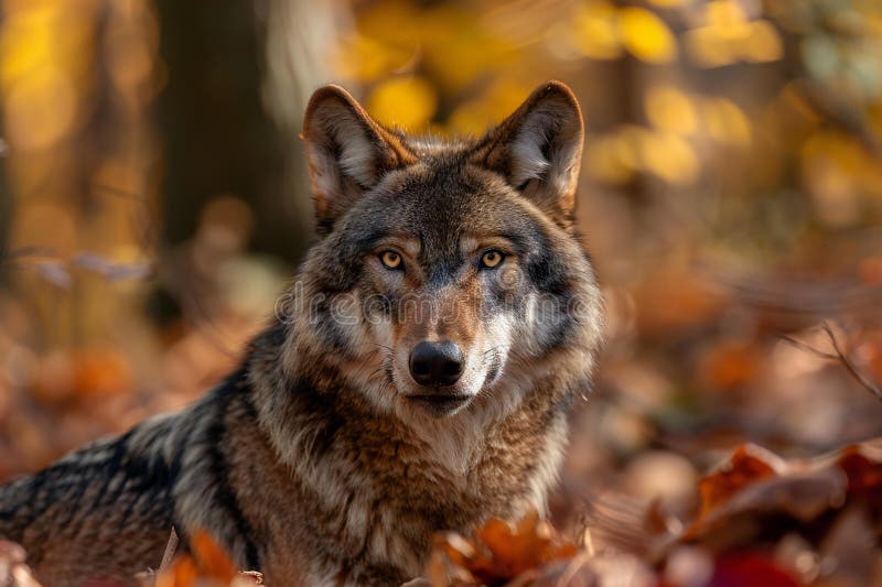 Portrait of a Wolf in the Autumn Forest with Fallen Leaves Stock ...