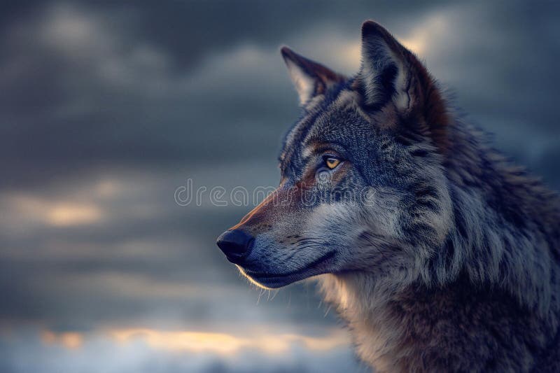 Portrait of a Wolf in the Dark, Dramatic Sky Stock Illustration ...