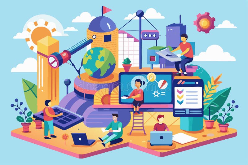This Illustration Portrays Individuals Working Together on Various Tech ...