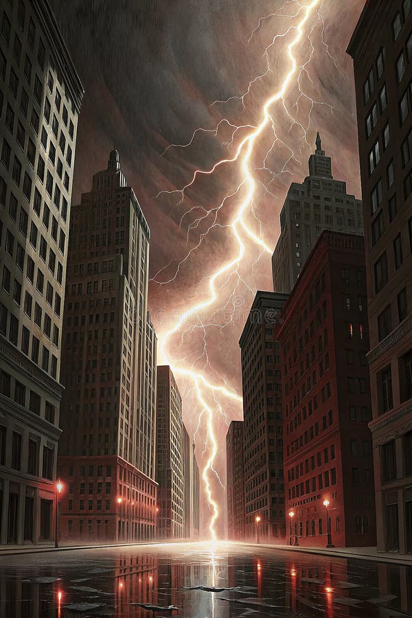 Powerful Lightning Strike between Skyscrapers at Night Stock ...