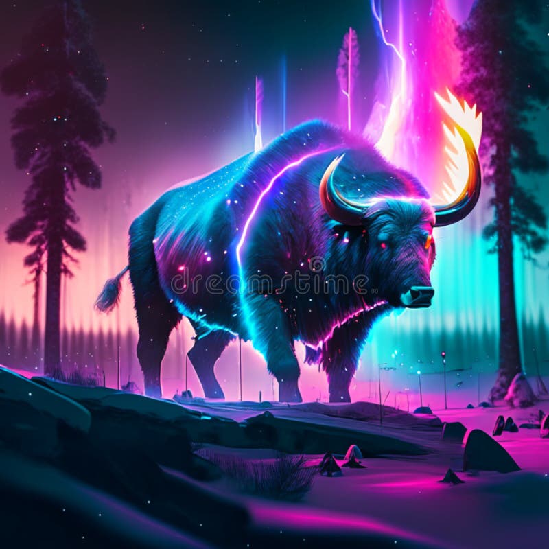 Bison In The Forest Vector Illustration In Flat Cartoon Style Stock
