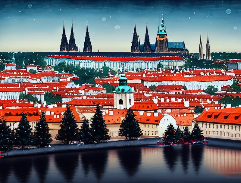 Illustration of Prague stock image. Image of night, town - 300096041