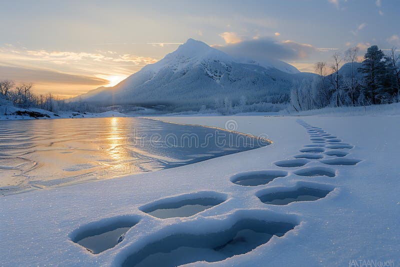 Presenting the Ice Covered Lake Surface at Sunrise with Lone Footprints ...