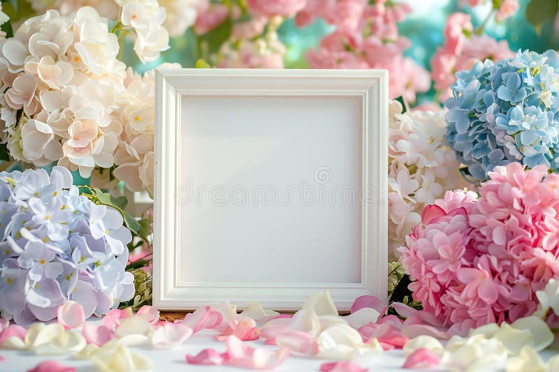 Presenting a White Photo Frame is Placed on the Table, Surrounded Stock ...