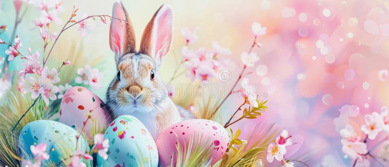 Illustration of a Pretty Easter Background with an Easter Bunny in a ...