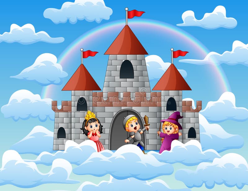 Princess, Knight and Witch in Front of the Castle on the Clouds Stock ...