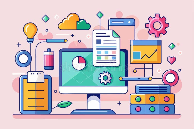 Illustration of Product Development Process with Computer, Cloud ...