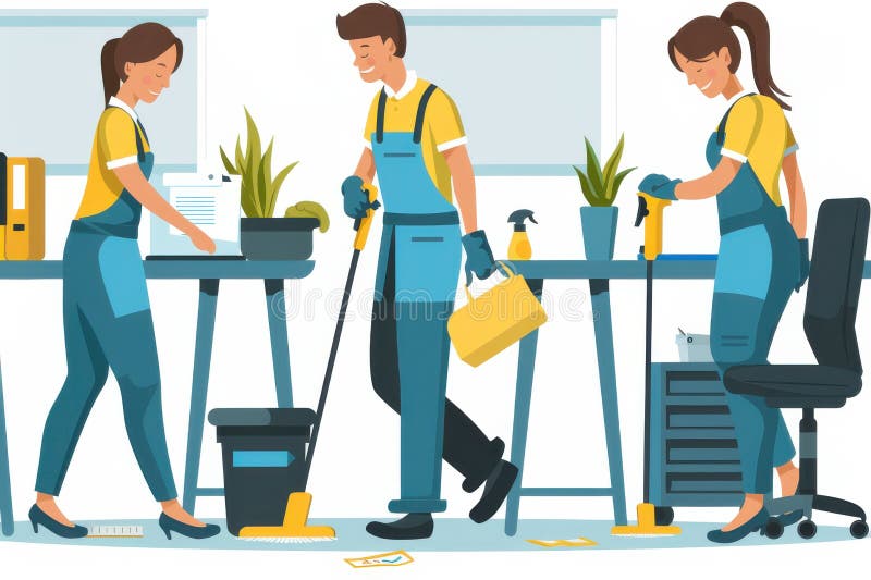 Illustration of a Professional Cleaning Team Working in an Office ...