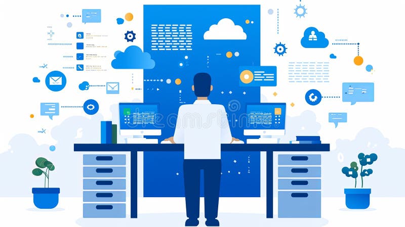 Modern Office Scene with Developer Working at Desk Surrounded by Data ...