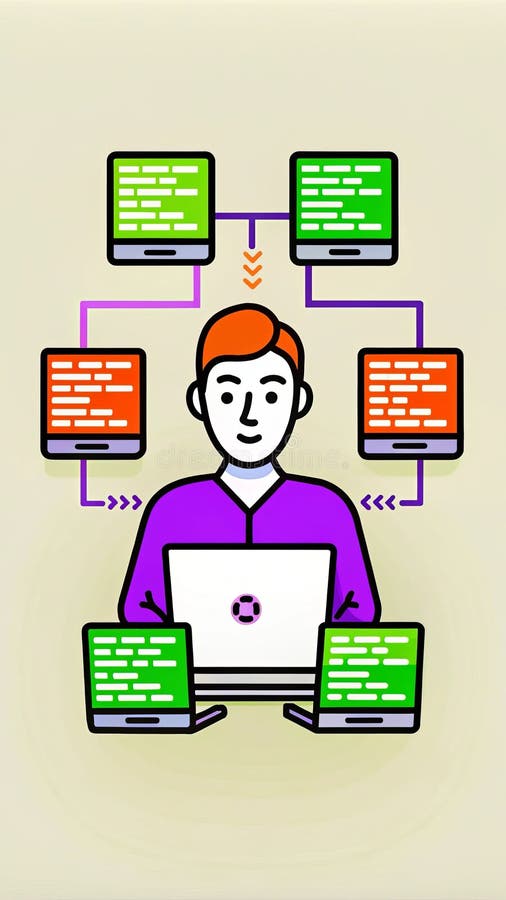 Illustration of a Programmer Managing Multiple Computer Screens Stock ...