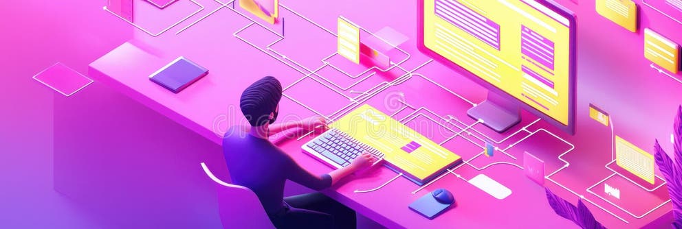 Illustration of a Programmer Working on a Computer in a Digital Environment Stock Photo - Image ...