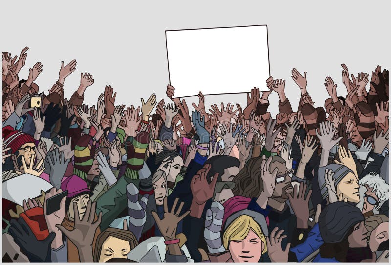 Illustration of Protesting Crowd with Raised Hands and Blank Sign in ...