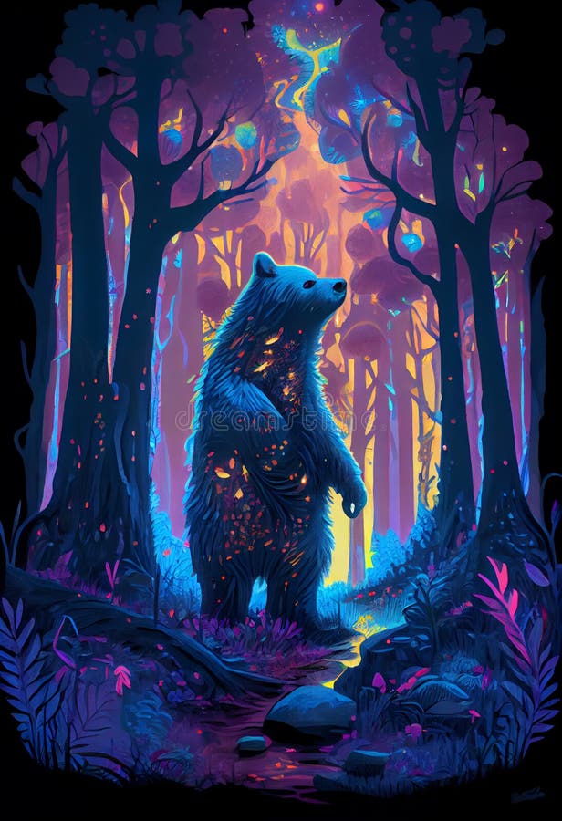 Illustration of Psychadelic Bear in a Glowing Enchanted Forrest Stock ...