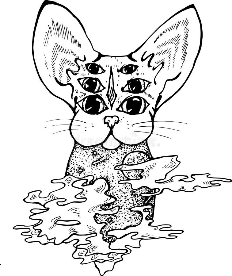 Illustration Of A Psychedelic Cat With Three Pairs Of Eyes. The Cat Is ...