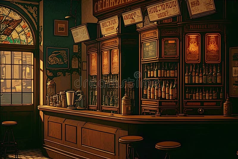 Illustration of a Pub Interior with a Bar Counter and Bottles. Stock ...