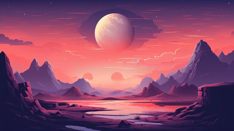 An Illustration of a Purple Alien Landscape with a Large Planet in the ...