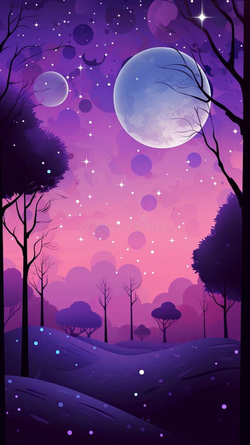 An Illustration of a Purple Night Sky with Trees and Stars Stock ...