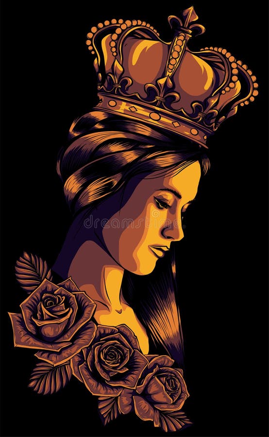 Illustration of Queen with Crown and Roses on Black Background Stock ...