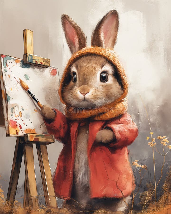 Illustration of a Rabbit Artist Standing in Front of an Easel. Stock ...