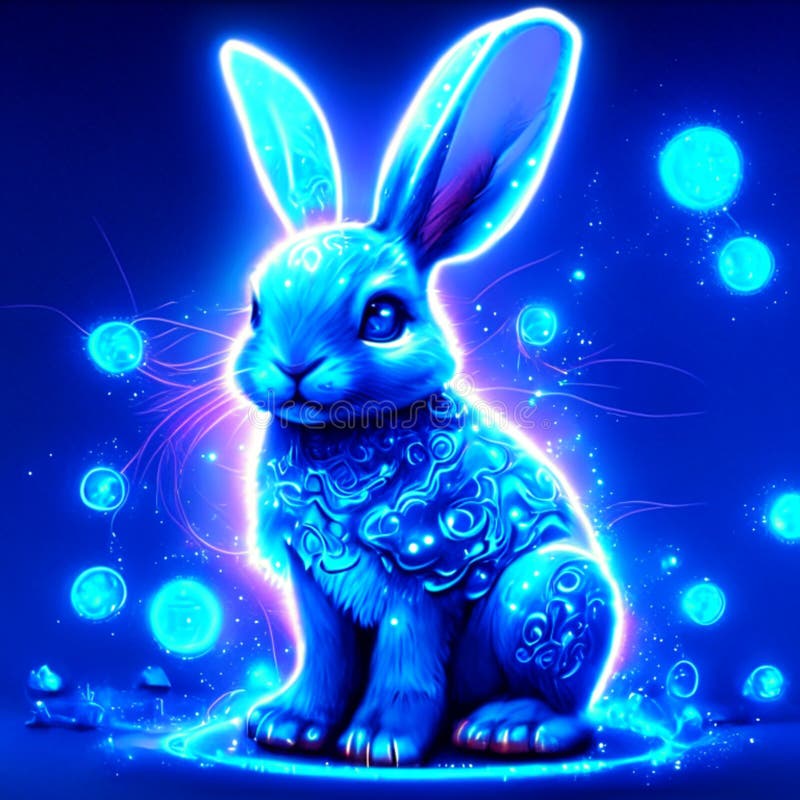 Illustration of a Rabbit on a Blue Background with Neon Lights ...