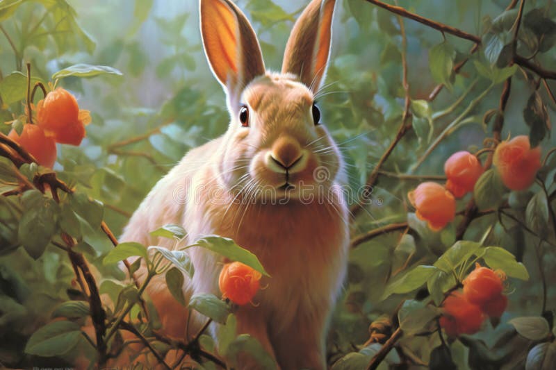 Rabbit on a Branch of a Bush with Berries in the Garden Stock ...