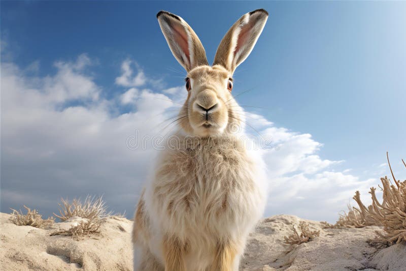 Rabbit in the Desert with Blue Sky and White Clouds Background Stock ...