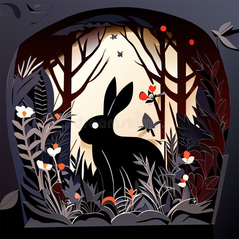 Rabbit in the Forest at Night. Vector Illustration in Cartoon Style ...