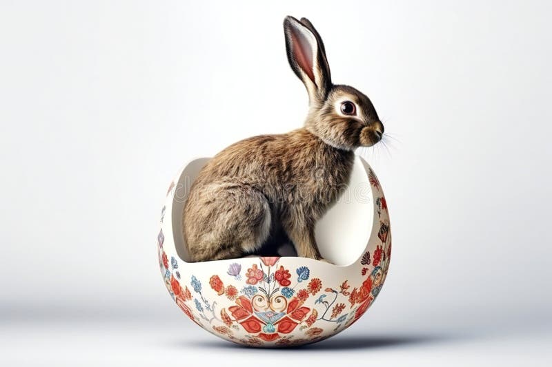 Rabbit Sitting in Eggshell on White Background, Easter Concept Stock ...