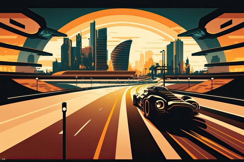 Illustration of a Racetrack in Fast Motion, Set Against a Cityscape ...