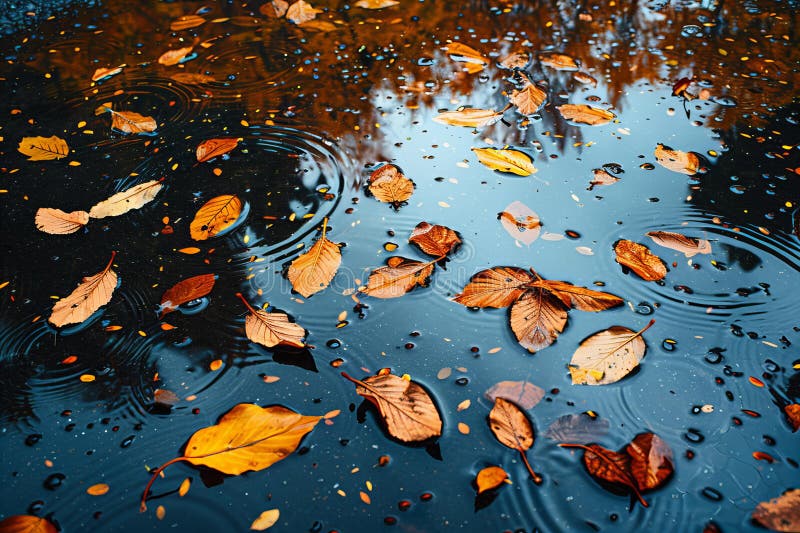 Illustration of Rain Falling Over Leaves in a Puddle, High Quality ...