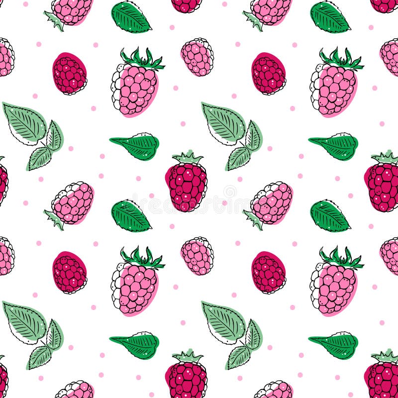 Illustration of Raspberry Berries and Leaves Seamless Pattern. Simple ...
