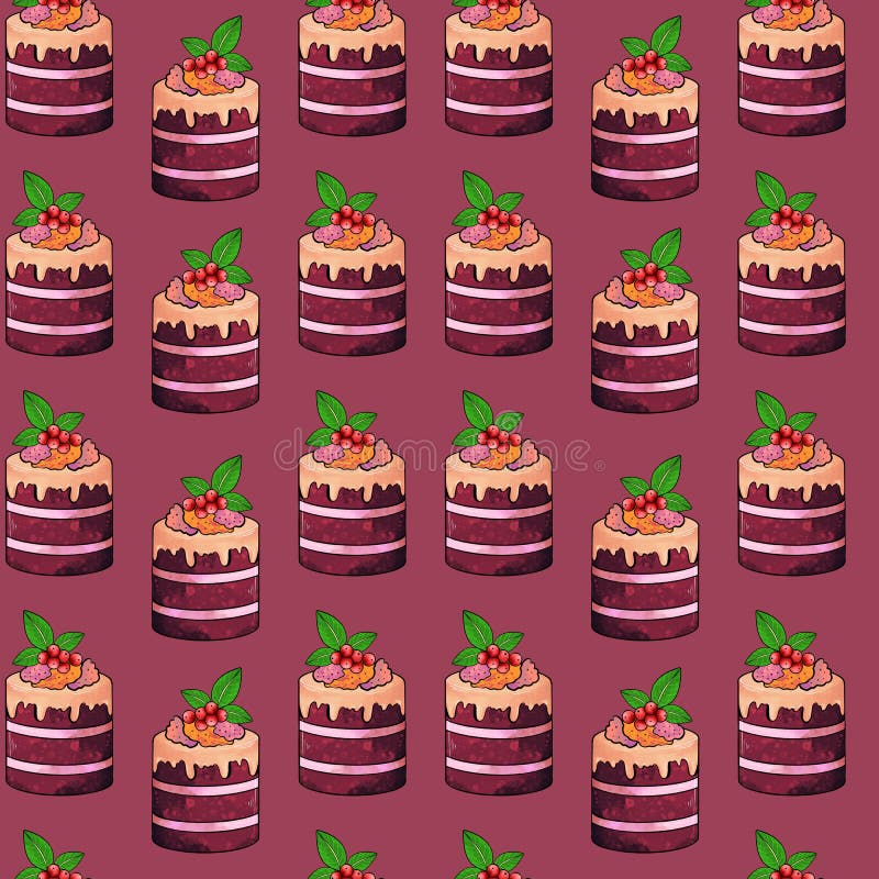 Illustration Raster Seamless Pattern Brown Color Cake Pieces on Red ...