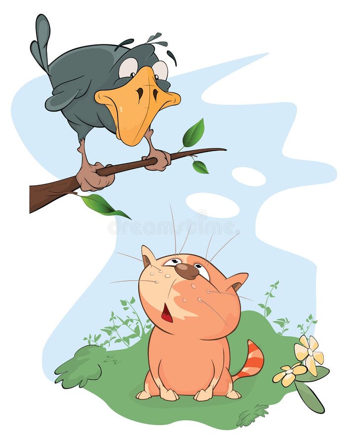 Illustration of a Raven and a Cat. Cartoon Stock Vector - Illustration ...